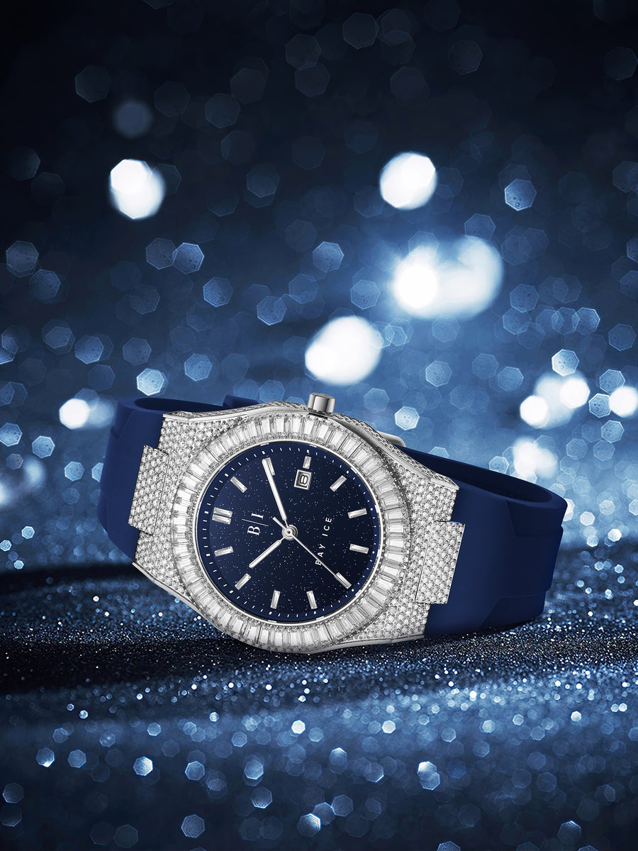 Buy Bay Ice Baguette Bezel Bussdown Silver and Blue Dial Watch